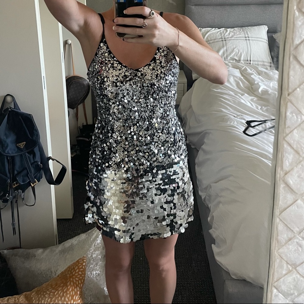 Gorgeous Silver Sequin Mini Dress With Elegant Bow Ba… - Gem